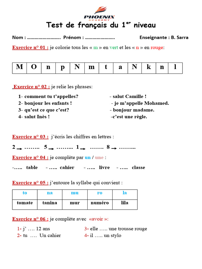 Test de français : Niveau 1 | PDF
