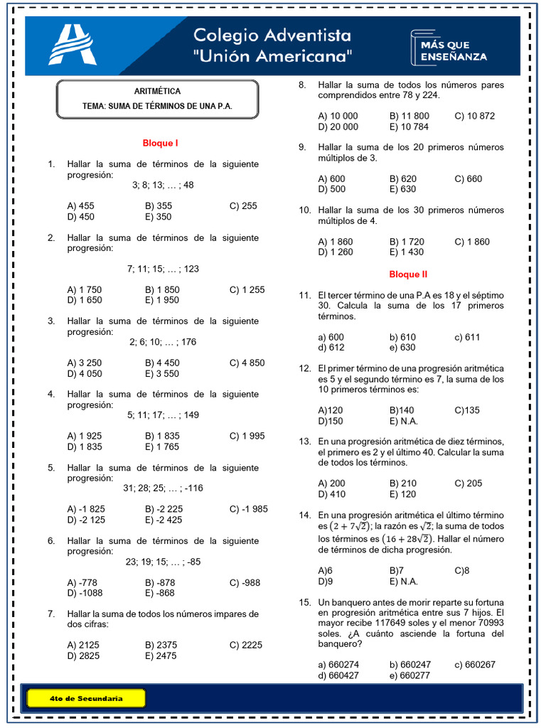 Separata - Suma de Términos de Una P.A. - Separata - 4to Sec - SR | PDF