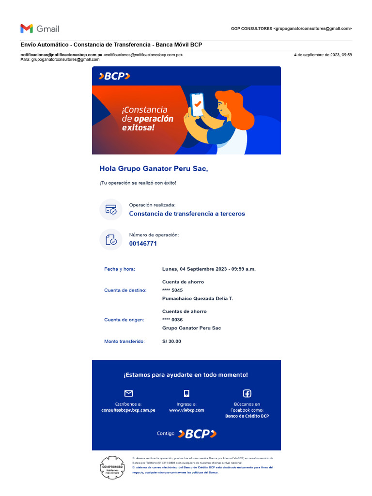 Confirmación de Transferencia BCP | PDF | Bancos | Comunicación por medio de ordenadores