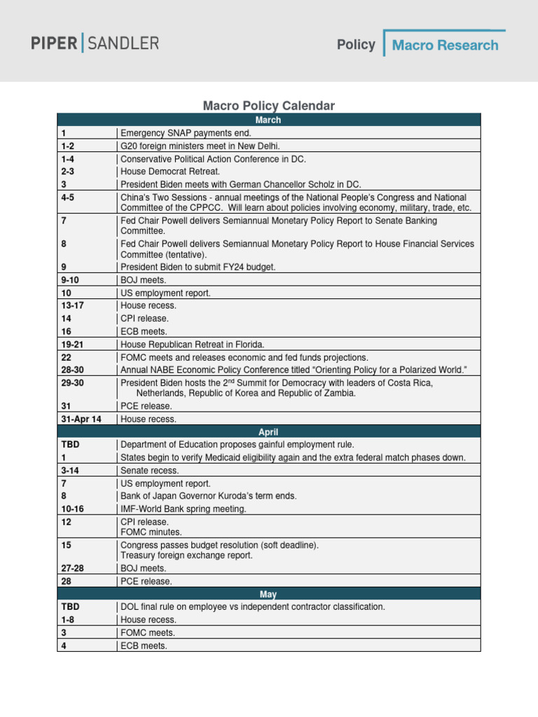 2023 Piper Sander Macro Policy Calendar | PDF | Federal Reserve ...