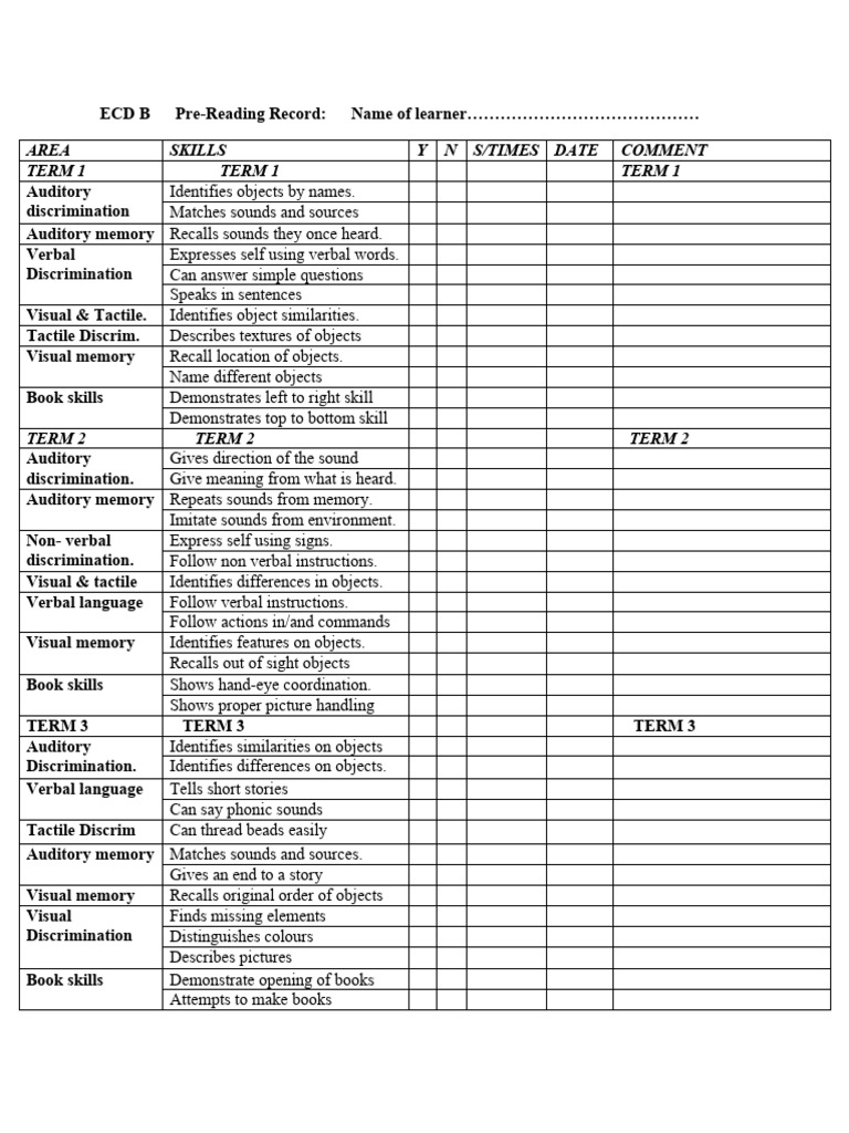 ECD B Pre-Reading Skills Record | PDF | Language Arts & Discipline
