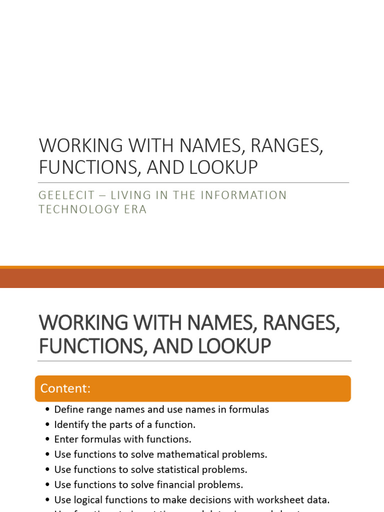 Working With Names, Ranges, Function and Lookup - Updated | PDF | Function (Mathematics) | Argument