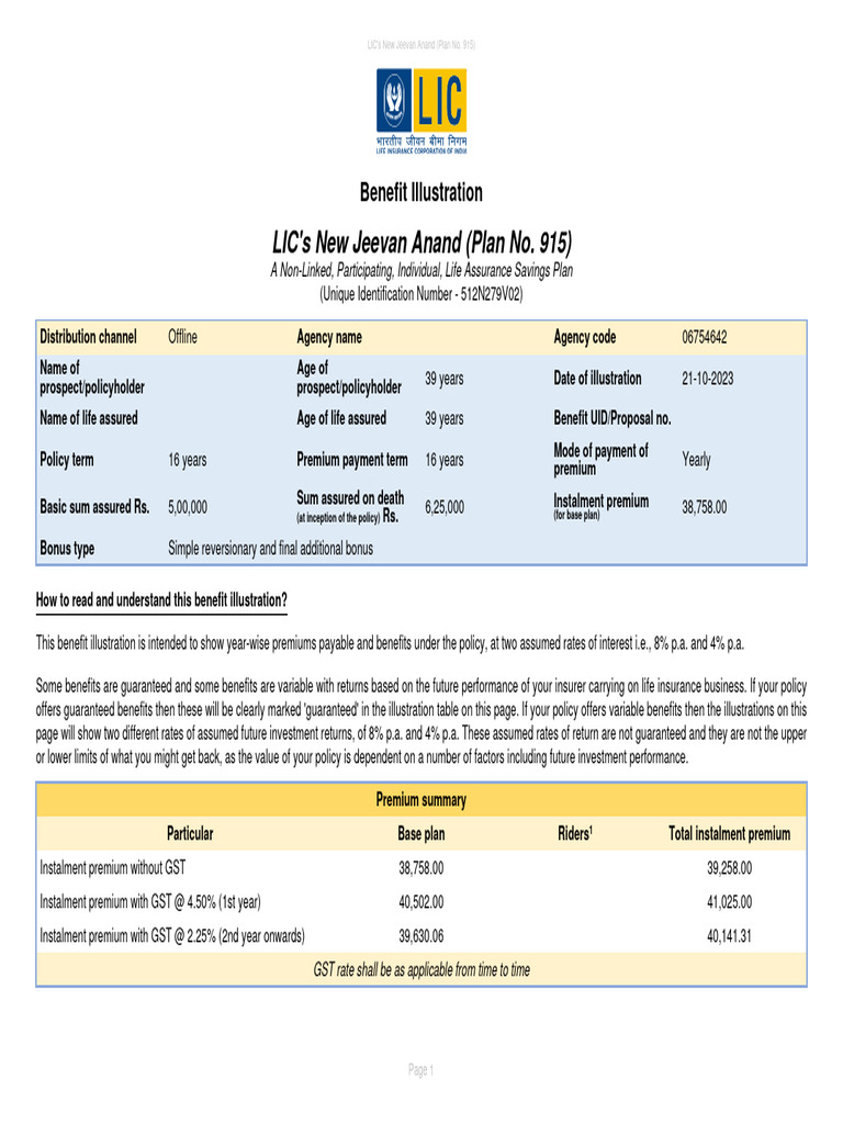 Benefit Illustration Jeevan Anand | PDF | Insurance | Life Insurance