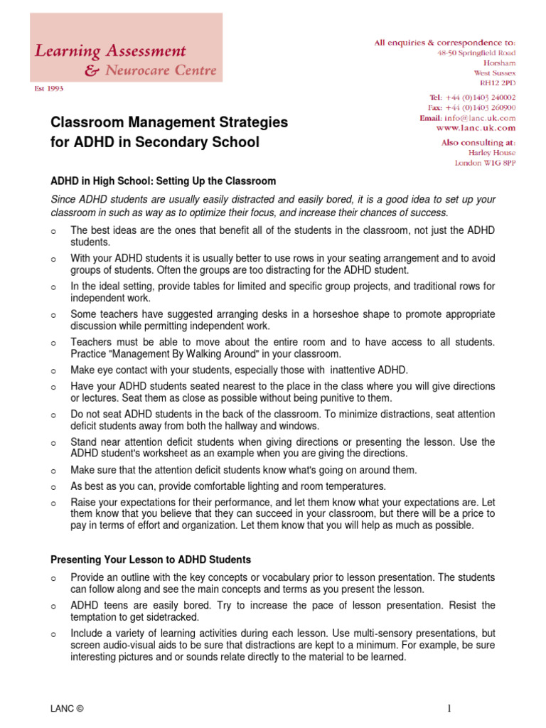 Classroom Management Strategies For ADHD in Secondary School | Download Free PDF | Attention ...