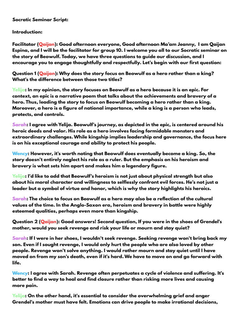 Socratic Seminar Script | PDF | Courage | Hero