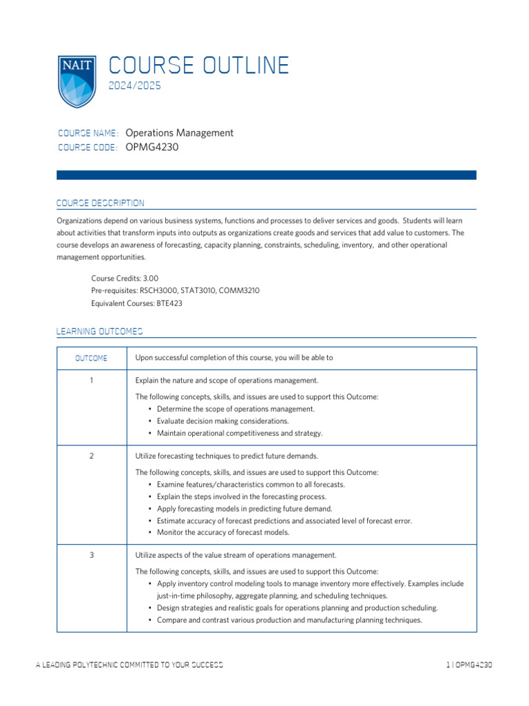 Course Outline OPMG4230 - 2024 | PDF | Forecasting | Operations Management
