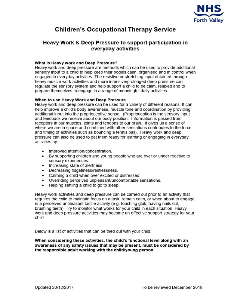 Heavy Work Deep Pressure | PDF | Senses