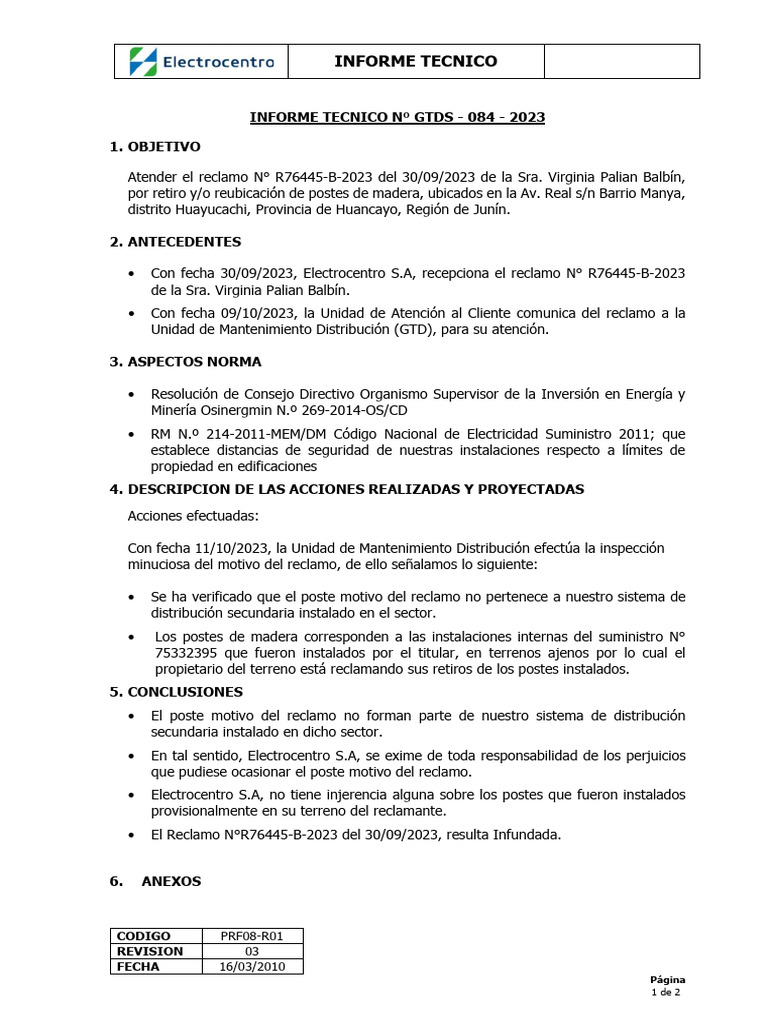 Informe sobre Reclamo de Poste en Huancayo | PDF