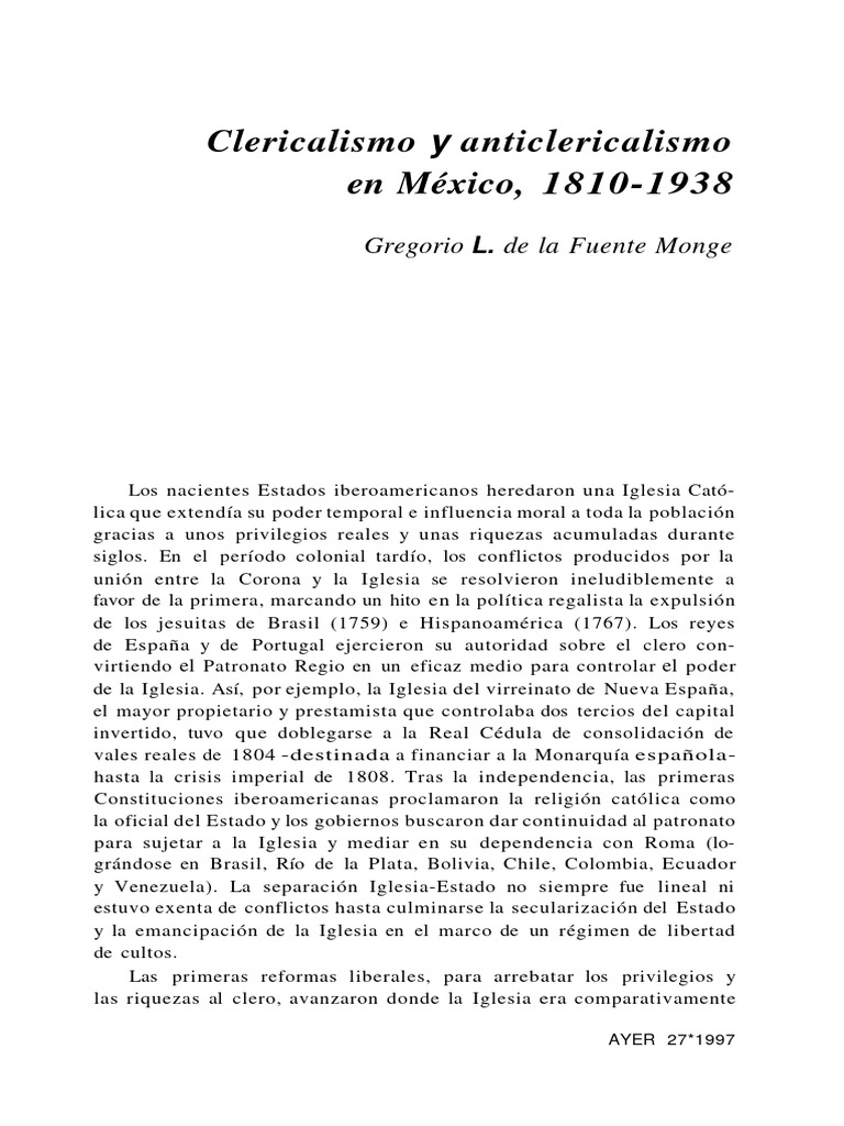 Clericalismo y Anticlericalismo | PDF | Nueva españa | Iglesia Católica