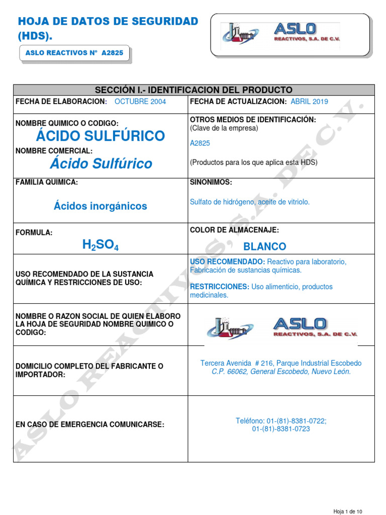 Hoja Seguridad a2825 Acido Sulfurico 96 98 | PDF | Agua | Ácido sulfúrico