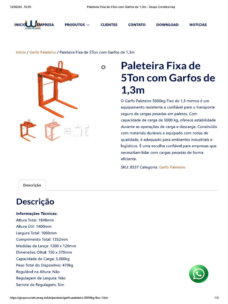 Paleteira Fixa de 5ton Com Garfos de 1,3m | PDF