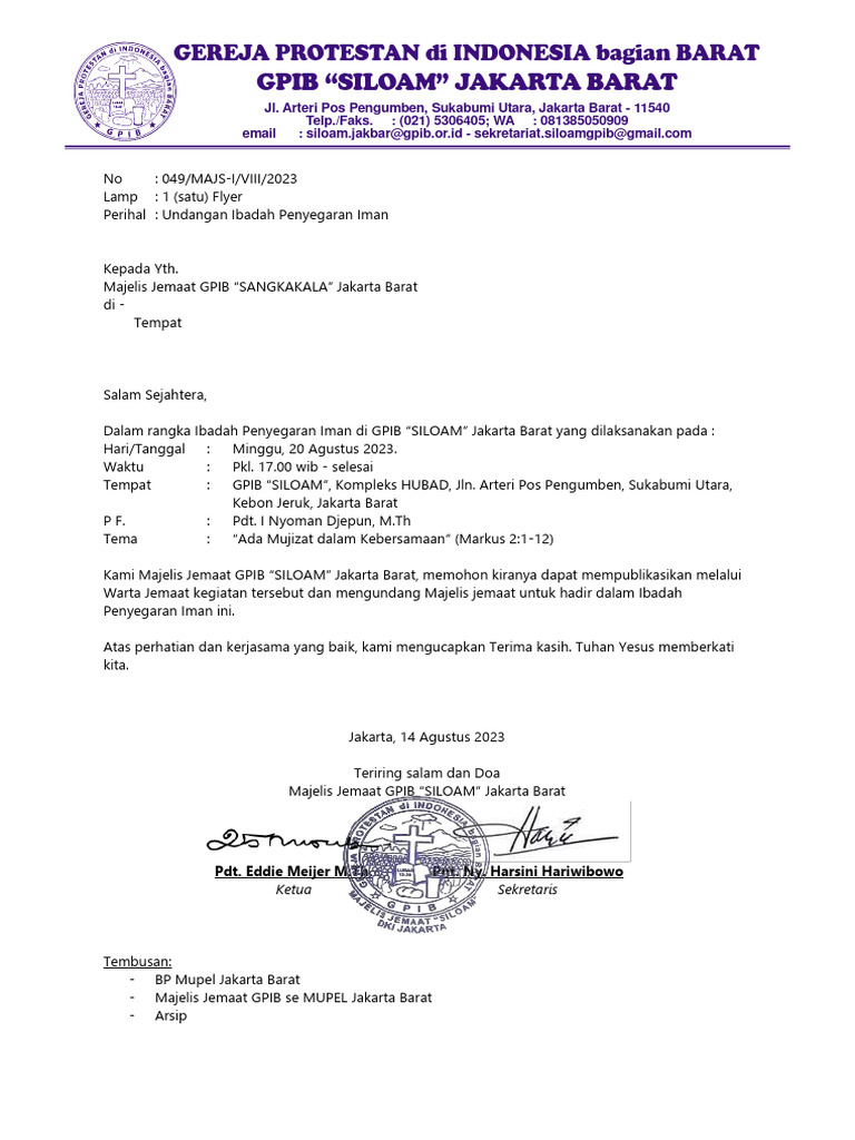 SURAT Undangan Ibadah Penyegaran Iman GPIB SANGKAKALA | PDF