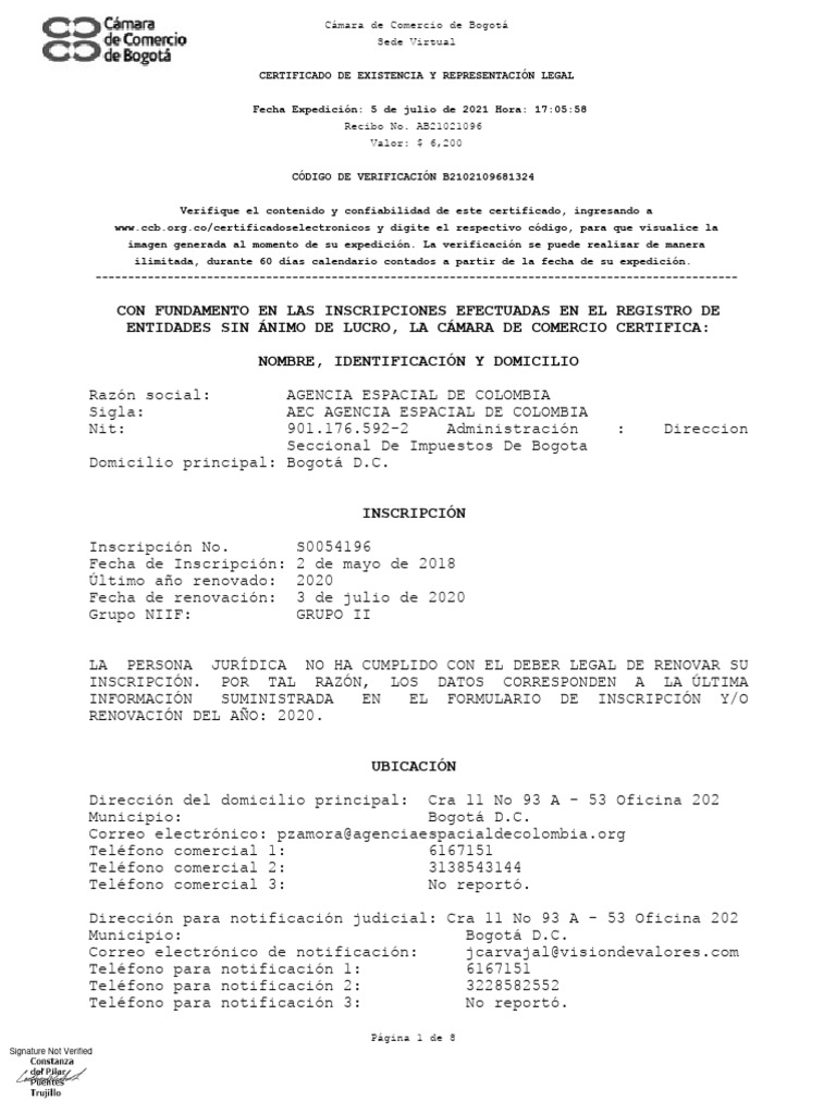 Certificado de Existencia AEC Bogotá | PDF | Colombia | Bogotá