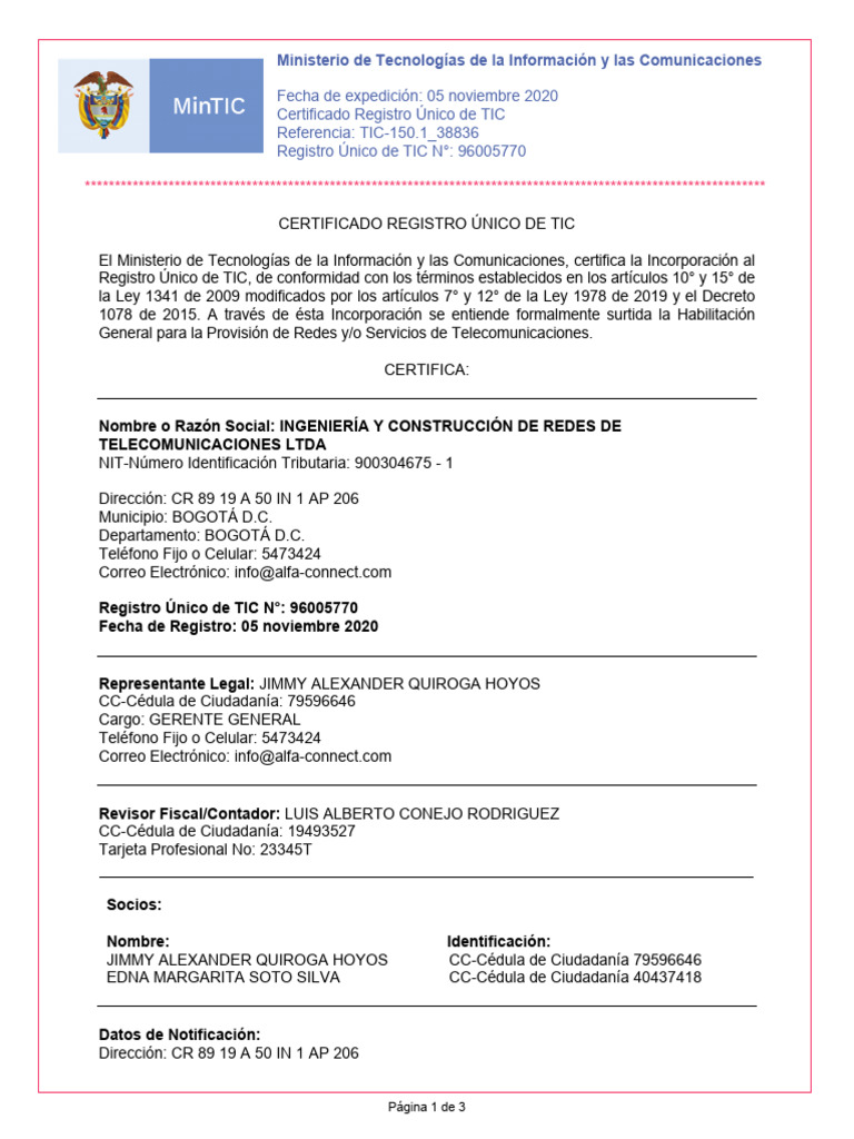 Certificado Registro TIC Bogotá 2020 | PDF | Tecnología de información y comunicaciones ...