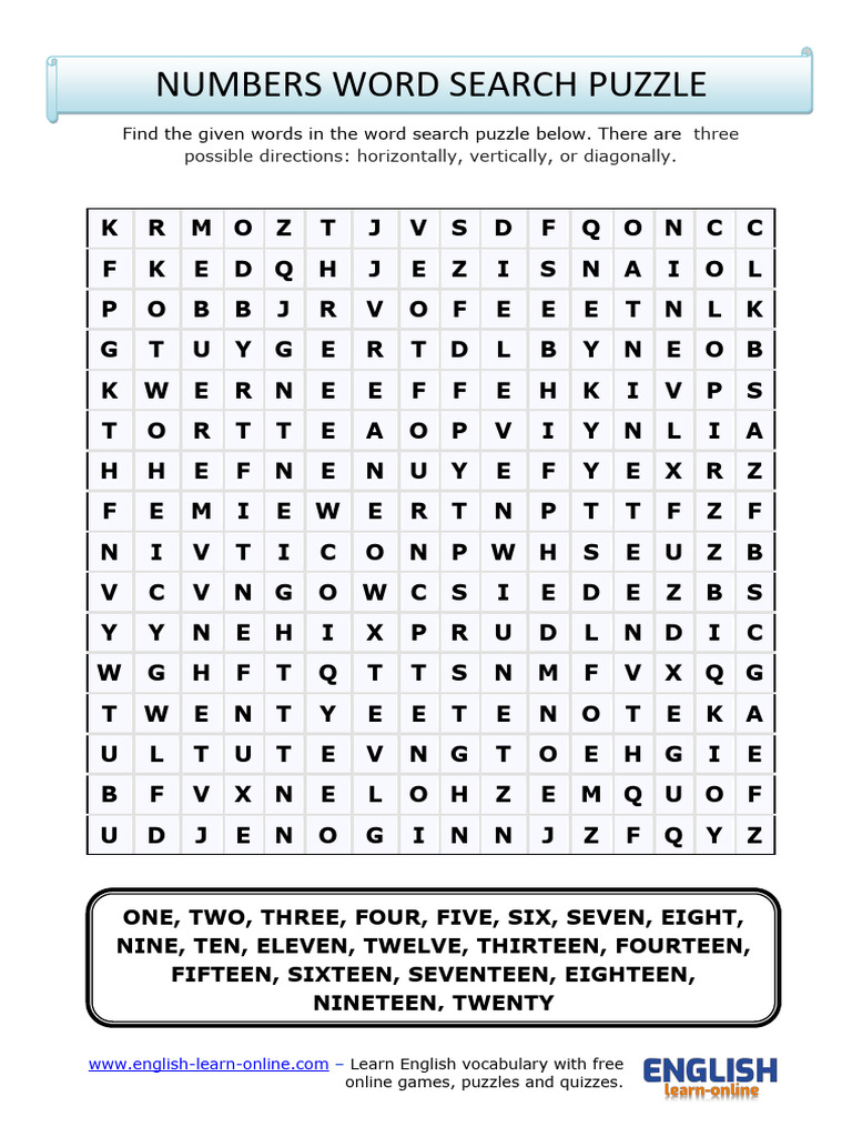 Numbers Vocabulary Word Search Puzzle Worksheet | PDF