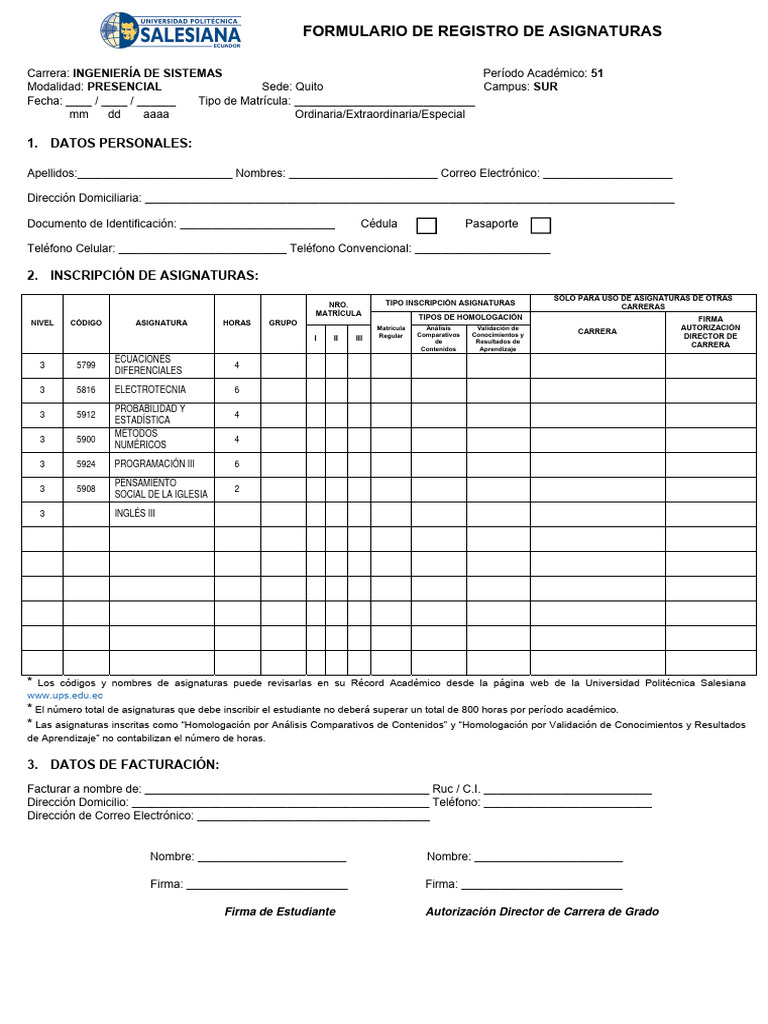 Formulario de Registro de Asignaturas Ing. de Sistemas P51 | PDF | Teléfonos móviles | Red mundial