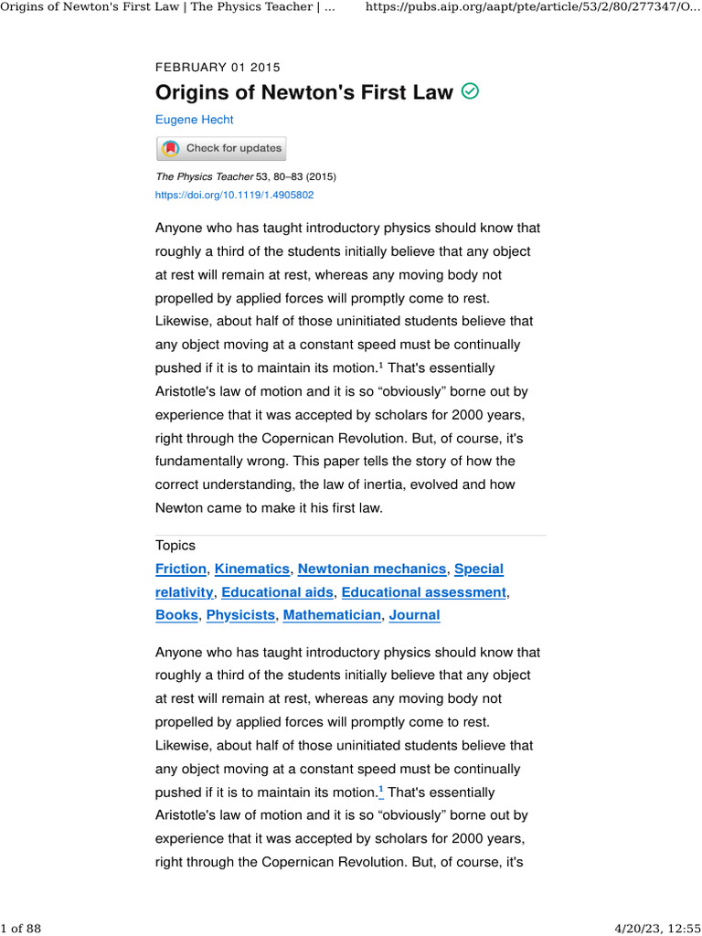 Origins of Newton's First Law The Physics Teacher AIP Publishing | PDF ...