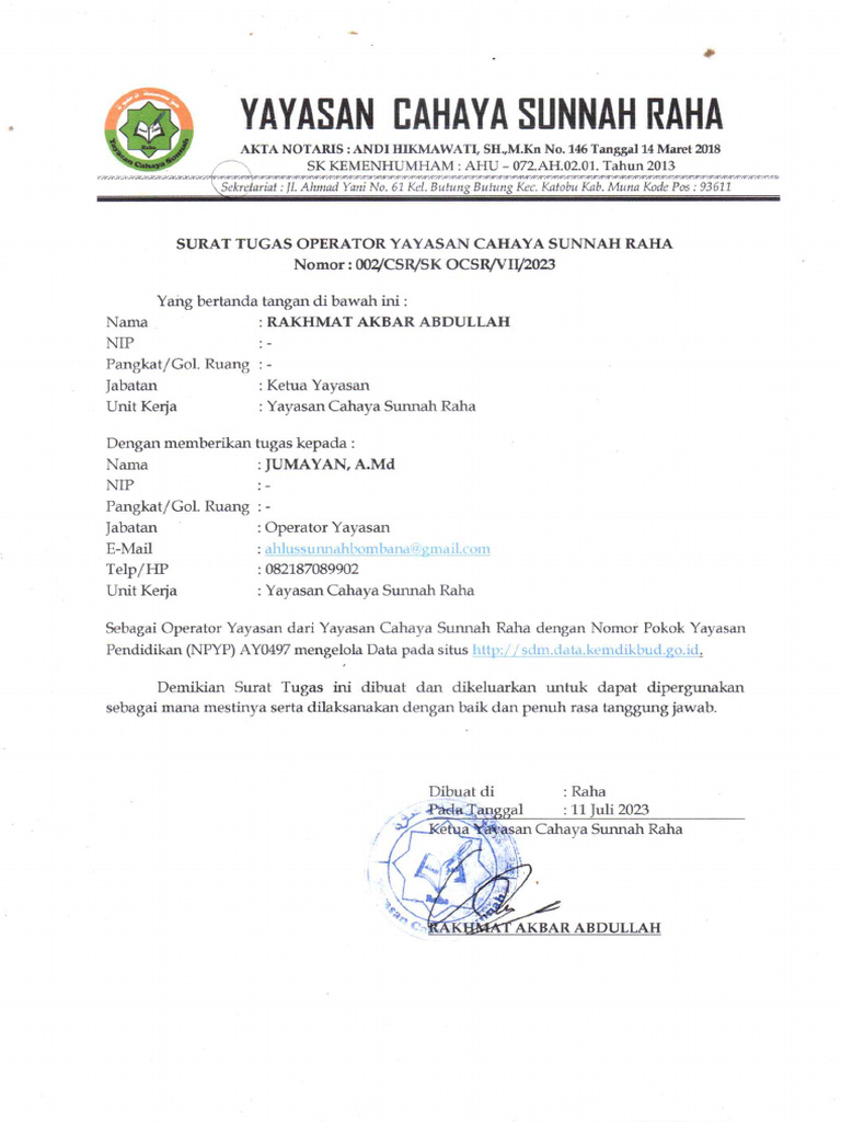 surat tugas operator yayasan | PDF
