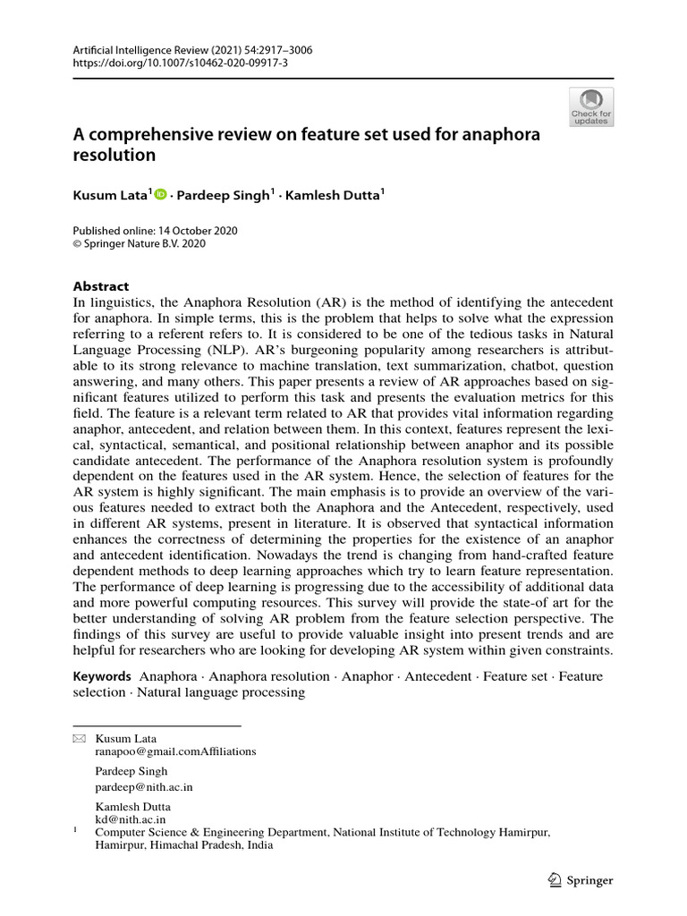 A Comprehensive Review On Feature Set Used For Anaphora Resolution ...