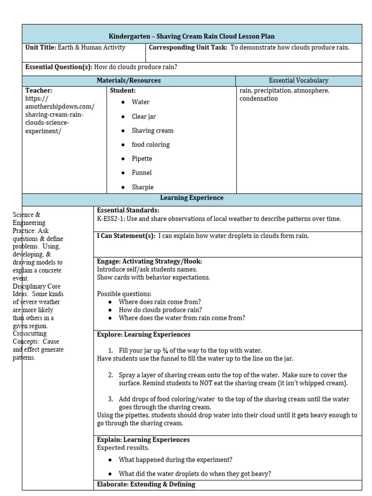 Shaving Cream Rain Cloud Lesson Plan 7 | PDF | Cloud | Rain
