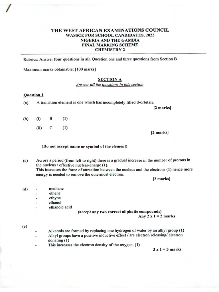 2023 WAEC Chemistry Theory Marking Guide | PDF