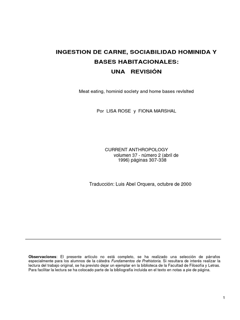 Rose y Marshall - Ingestión de Carne, Sociabilidad Homínida y Bases ...