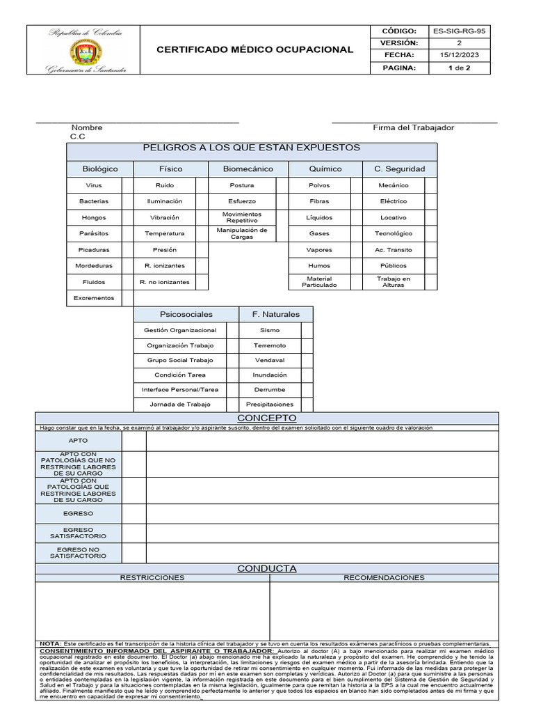 Es-Sig-Rg-95 Certificado Medico Ocupacional V | PDF