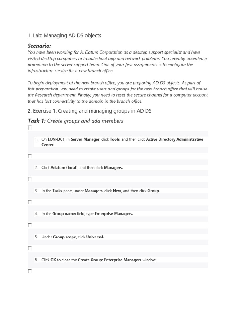 Module 02 Managing Objects In Ad Ds Pdf Active Directory Computing