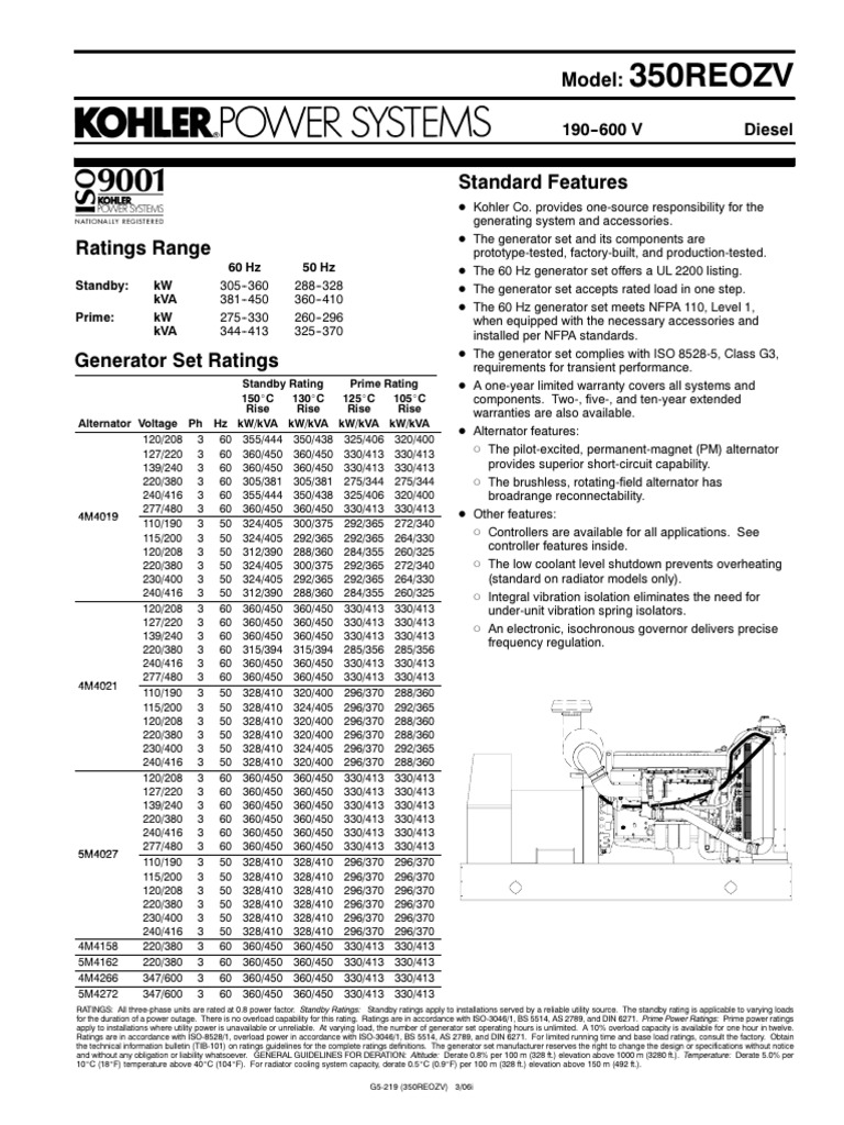 Kohler 350REOZV Spec Sheet | PDF | Electric Generator | Machines