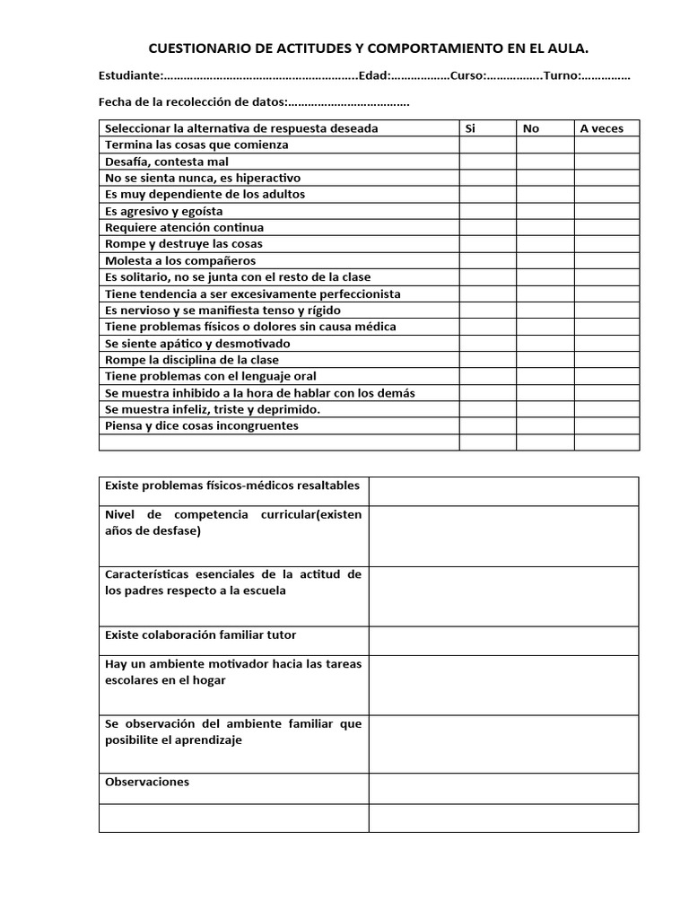 Cuestionario de Actitudes y Comportamiento en El Aula | PDF