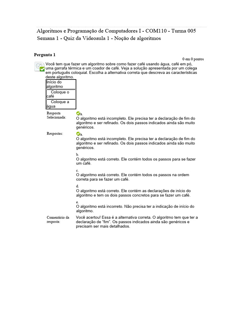 QUIZ - Algoritmos e Programação de Computadores I | PDF | Algoritmos ...