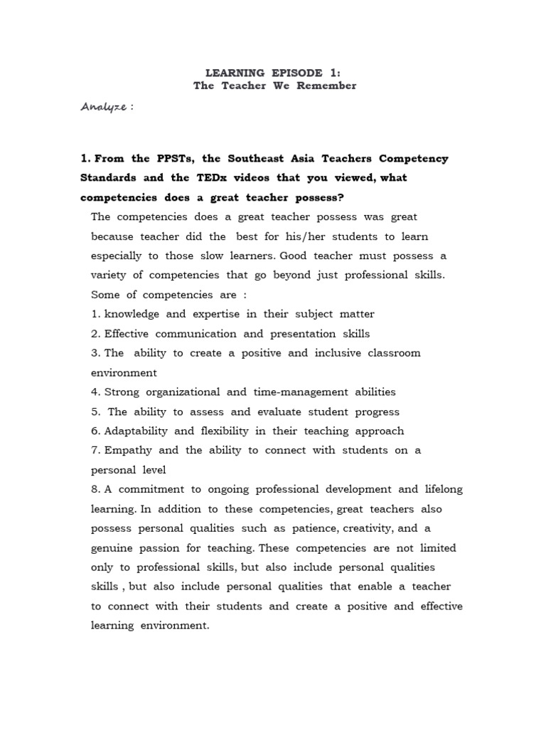 Learning Episode 1: The Teacher We Remember Analyze | PDF | Teachers ...