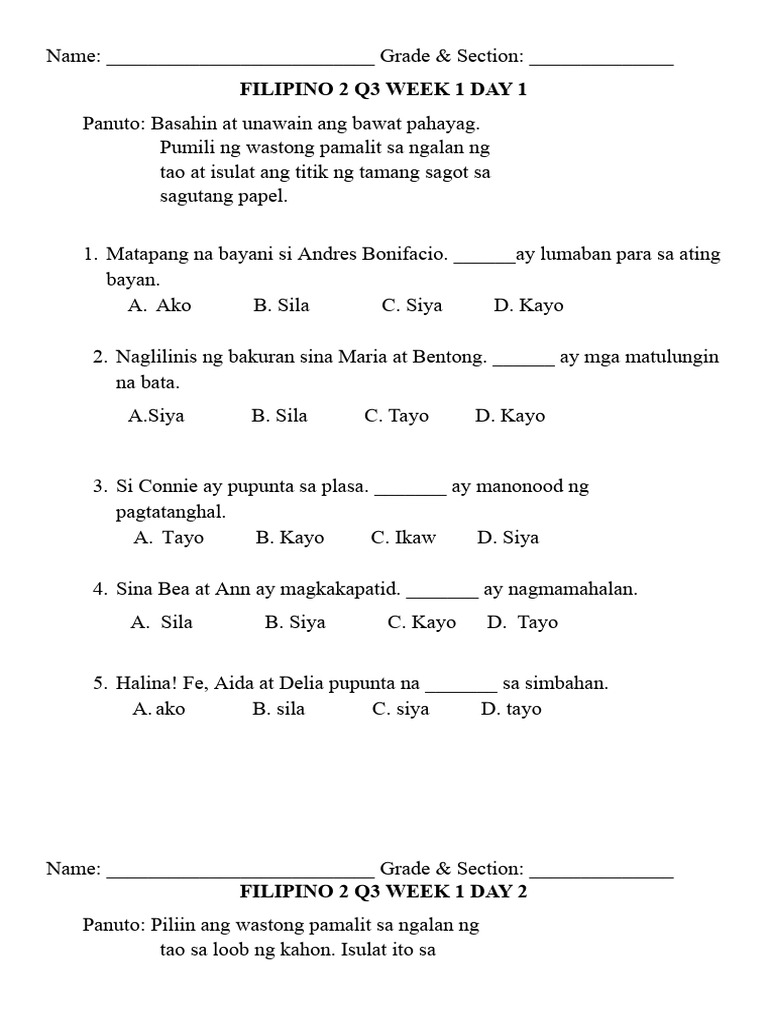 FILIPINO 2 Activity Sheet Q3 W1 | PDF