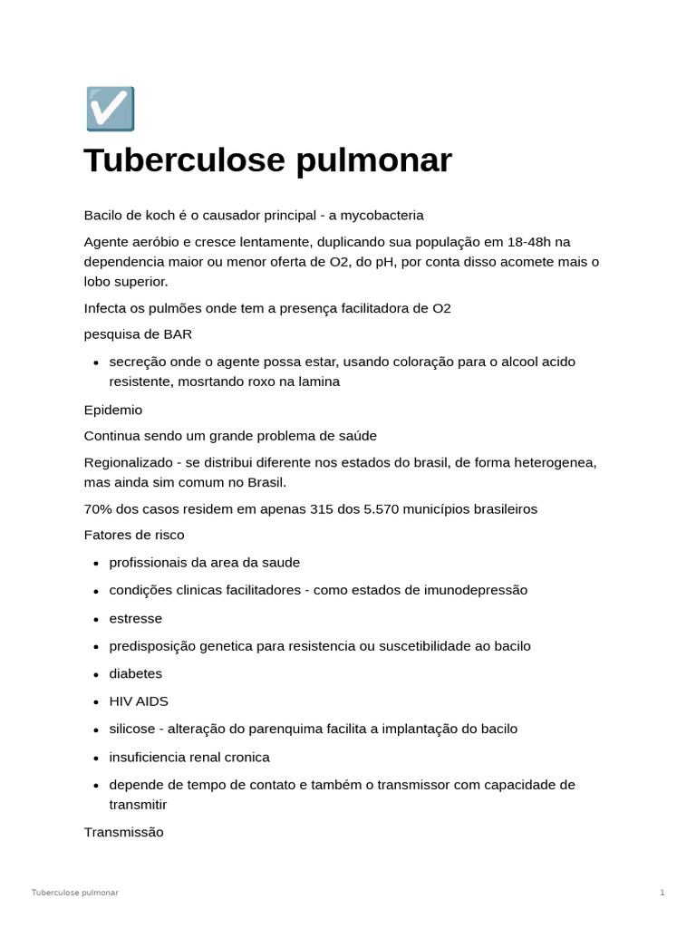 Tuberculose pulmonar | PDF | Tuberculose | Medicina Clínica
