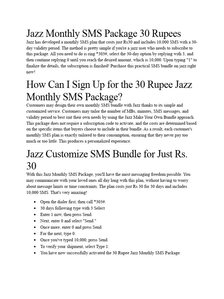 Jazz Monthly SMS Package 30 Rupees | PDF | Subscription Business Model ...