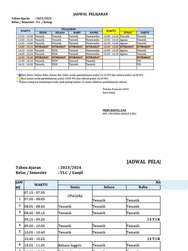 Jadwal Pelajaran 2023 2024 | PDF