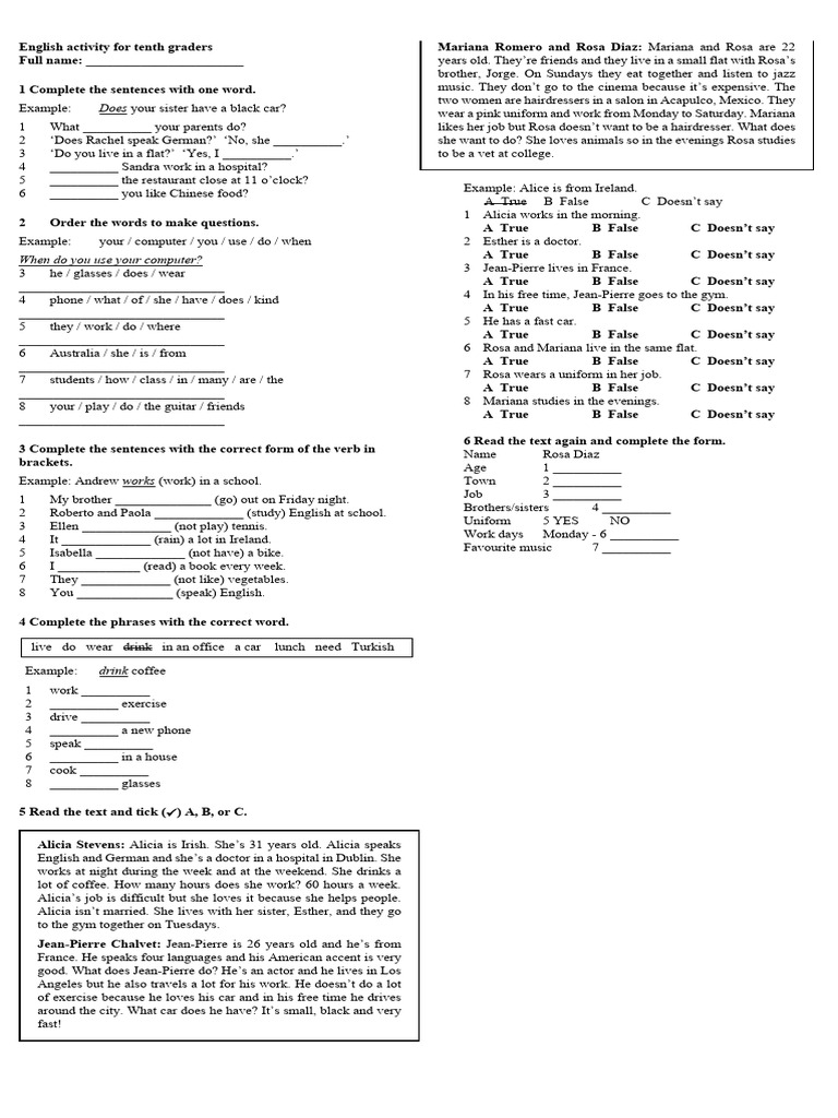 10 p2English Activity for Tenth Graders | PDF