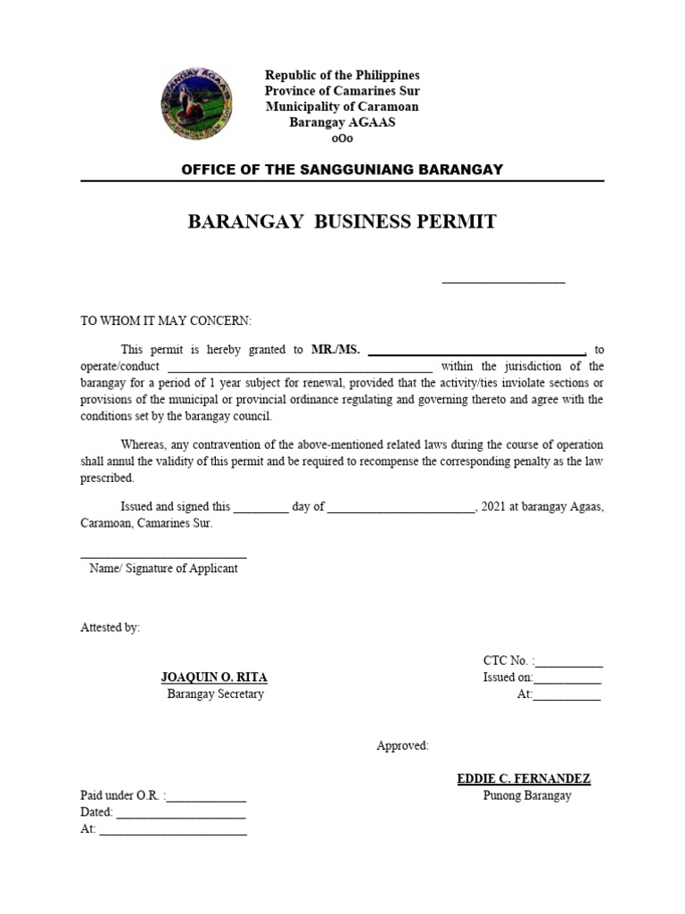 Barangay Business Permit Agaas 2021 | PDF