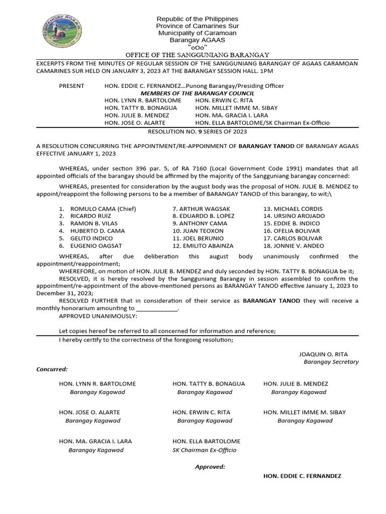 Appoinment of TANOD RESOLUTION AGAAS 2023 | PDF | Philippines