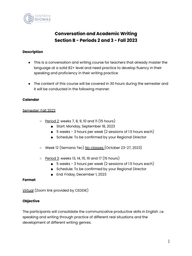 Syllabus For Conversation and Academic Writing Section B P2-P3 Fall ...