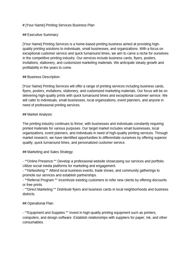 Home-Based Printing Services Plan | PDF | Marketing | Sales