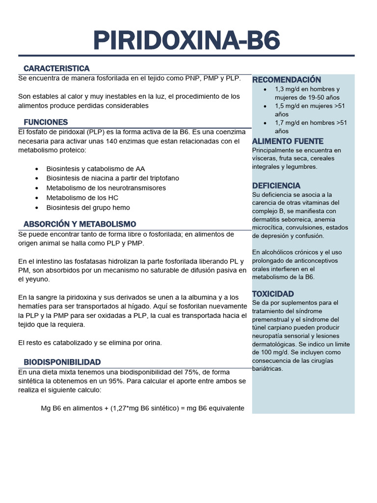 Piridoxina | PDF | Metabolismo | Bioquímica