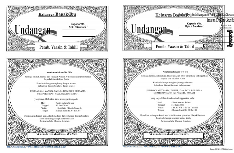 Undangan Yasin dan Tahlil 7 Hari Ibu Sorati | PDF