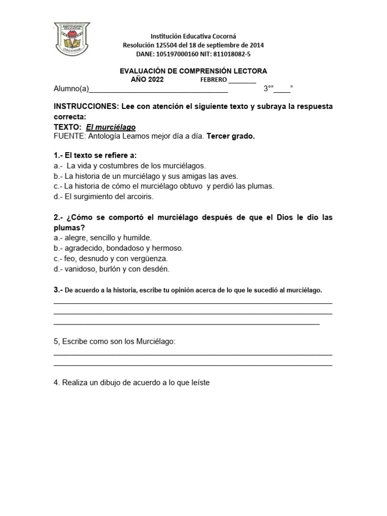 Evaluación de Comprensión Lectora Tercero | PDF | Libélula | Ornitología