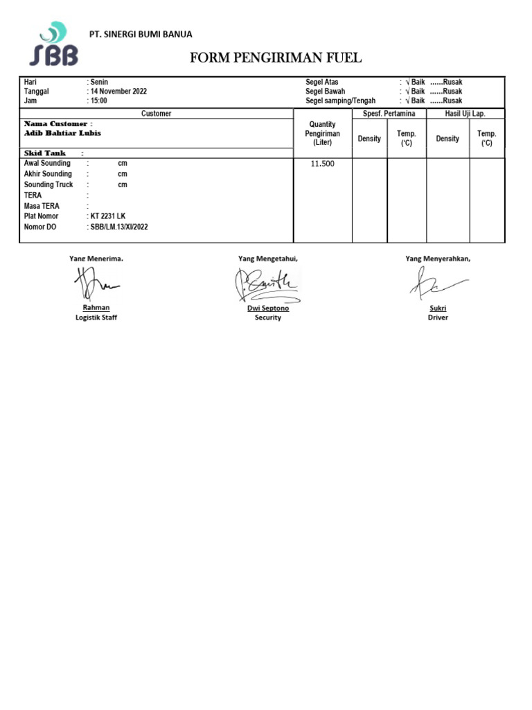 Form Pengiriman Fuel | PDF