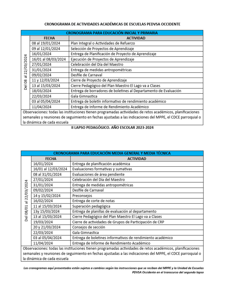 Cronograma de Actividades Academicas Escuelas Pdvsa Occidente II Lapso ...