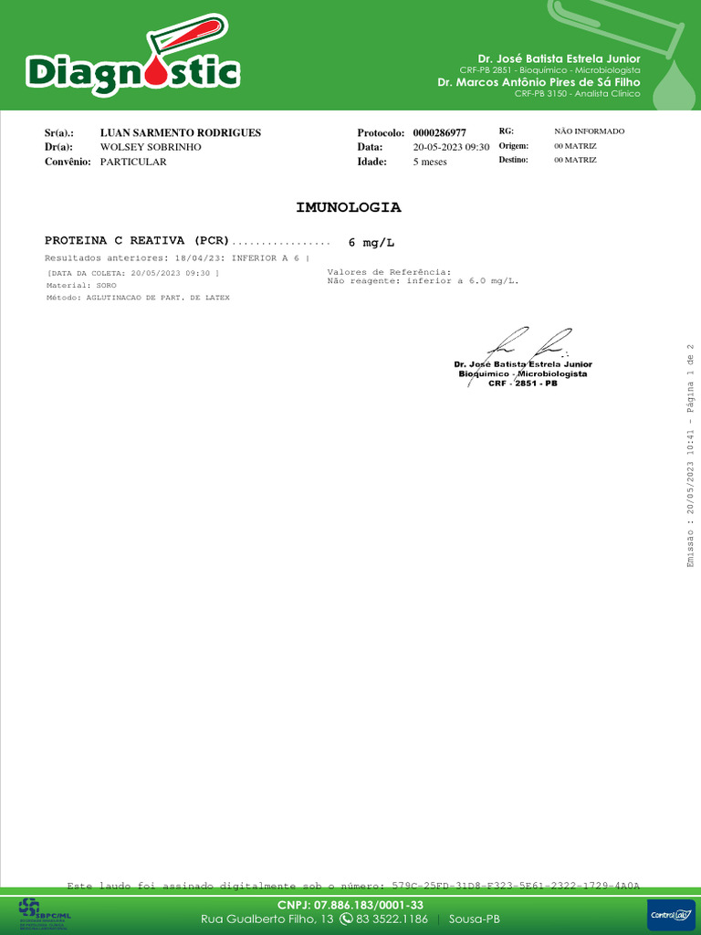 Laudo de PCR e Hemograma 6 mg/L | PDF | Patologia | Fisiologia