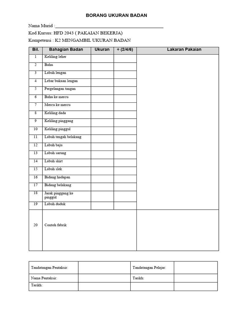 Borang Ukuran Badan Dan Lakaran Pakaian Bekerja | PDF