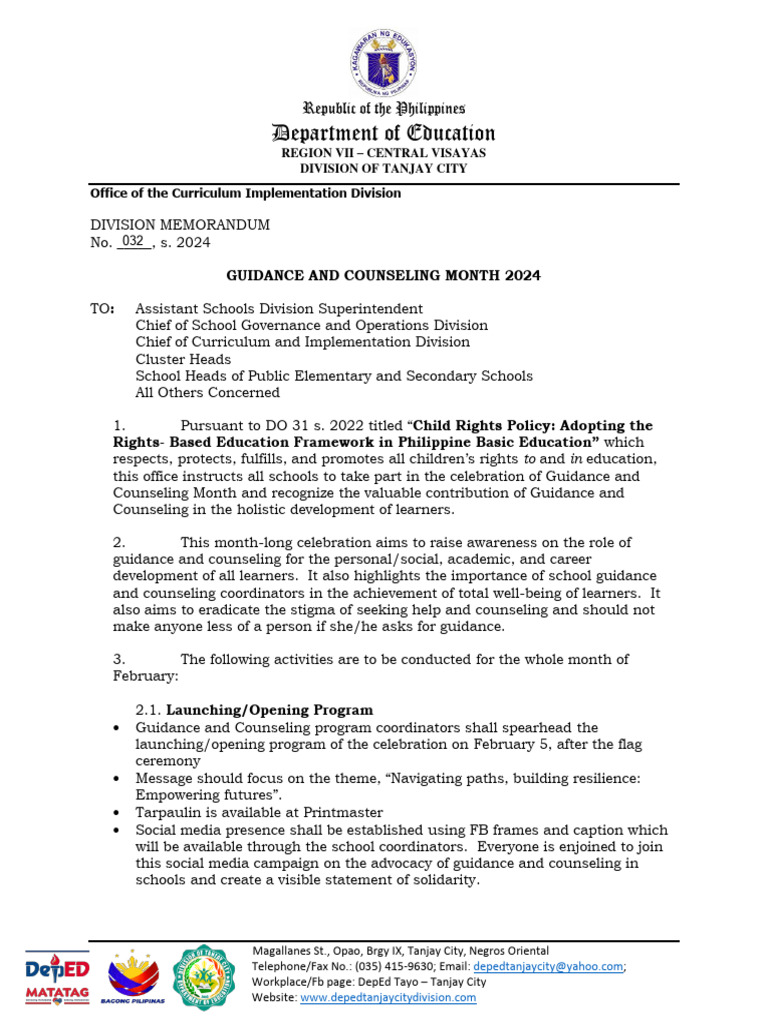 DM 032 Memo Guidance and Counseling Month | PDF