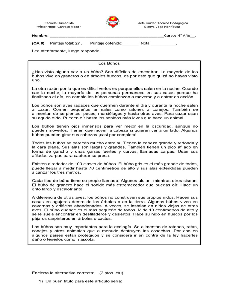 EVALUACION OA6 Cuartos | PDF | Dinosaurios | Aves